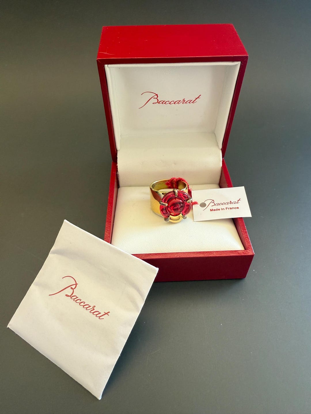 Baccarat B Flower Ring – Red Crystal & Vermeil Gold, Designer Cocktail ...