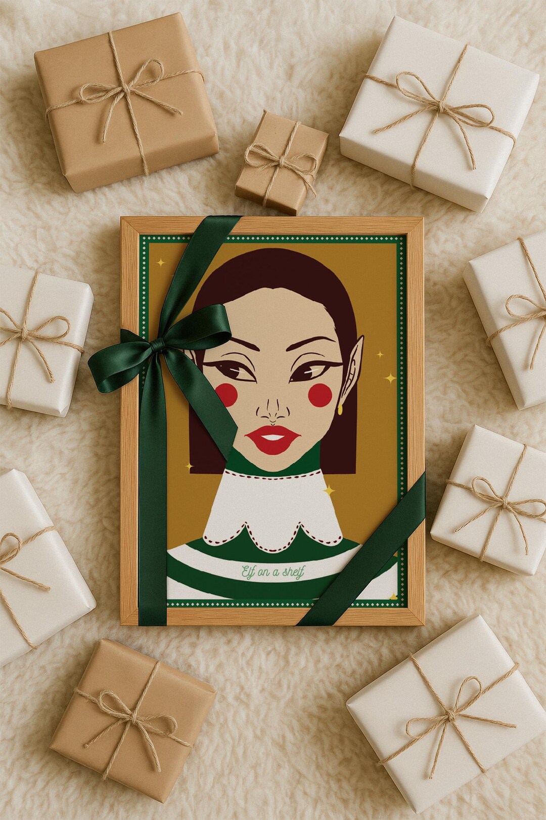 Retro Emerald Elf on a Shelf Christmas Print | Vintage Holiday Wall Art ...