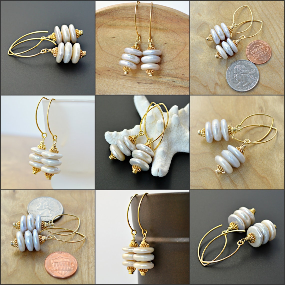 White Coin Pearl Stack Earrings, Pearl & Gold Earrings, Pearl Stack ...