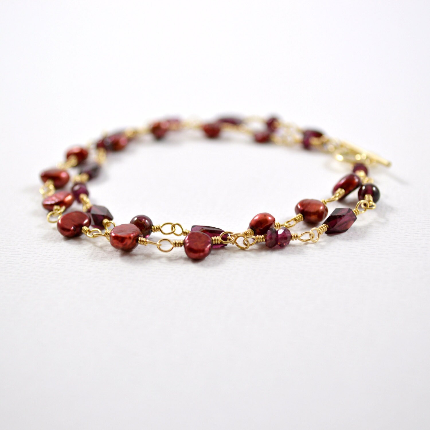 Red Garnet & Pearl Bracelet - Double Strand Bracelet, Red and Gold ...
