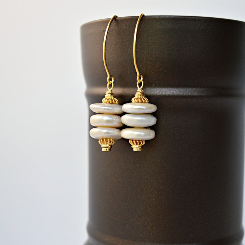 White Coin Pearl Stack Earrings, Pearl & Gold Earrings, Pearl Stack ...