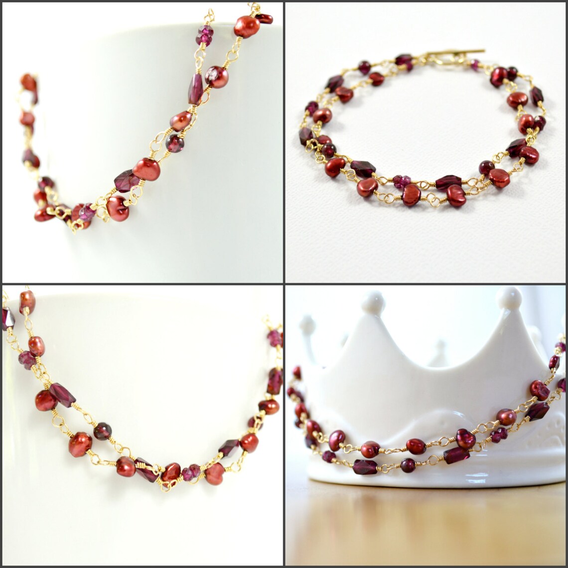 Red Garnet & Pearl Bracelet - Double Strand Bracelet, Red and Gold ...