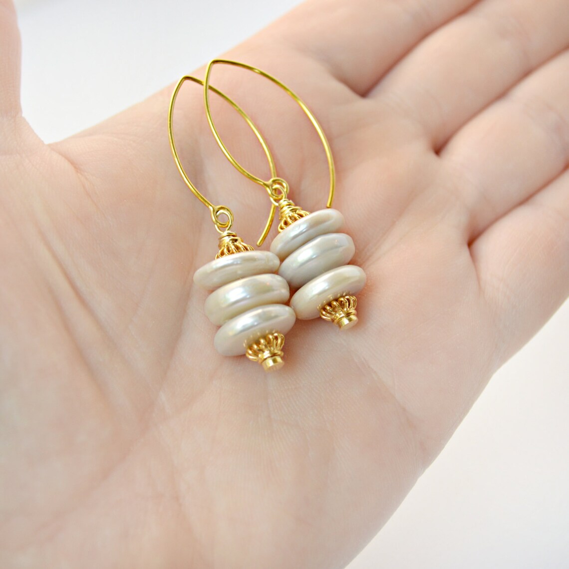White Coin Pearl Stack Earrings, Pearl & Gold Earrings, Pearl Stack ...