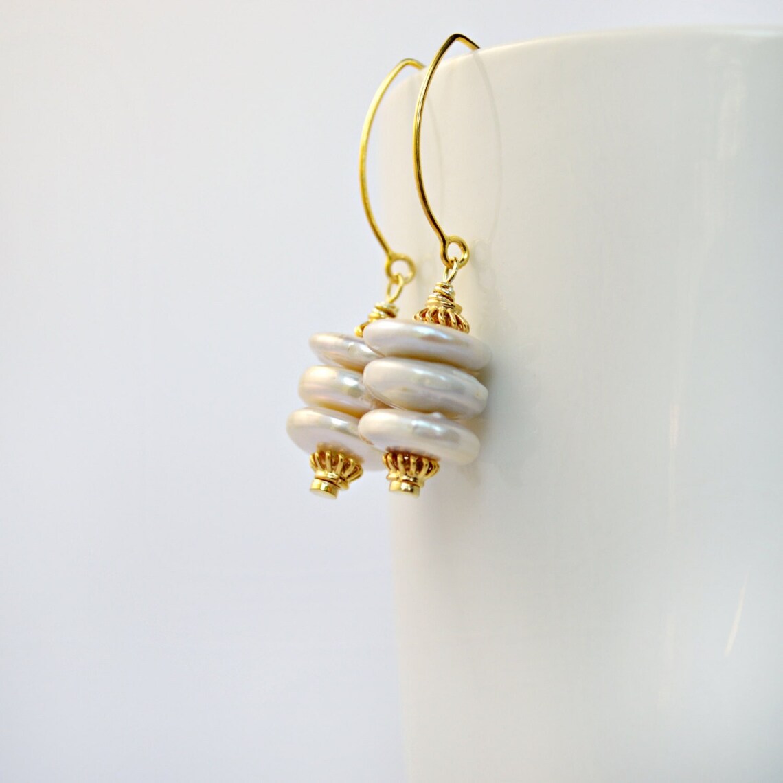 White Coin Pearl Stack Earrings, Pearl & Gold Earrings, Pearl Stack ...
