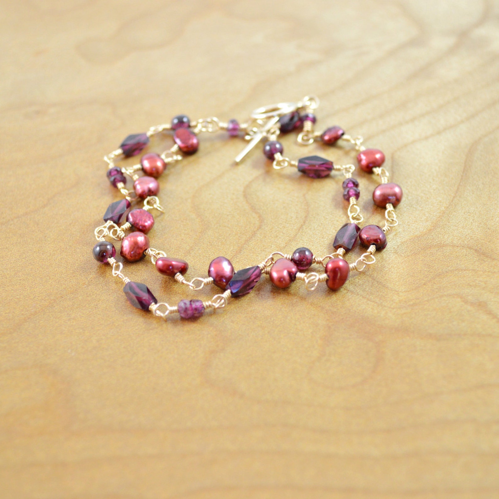 Red Garnet & Pearl Bracelet - Double Strand Bracelet, Red and Gold ...