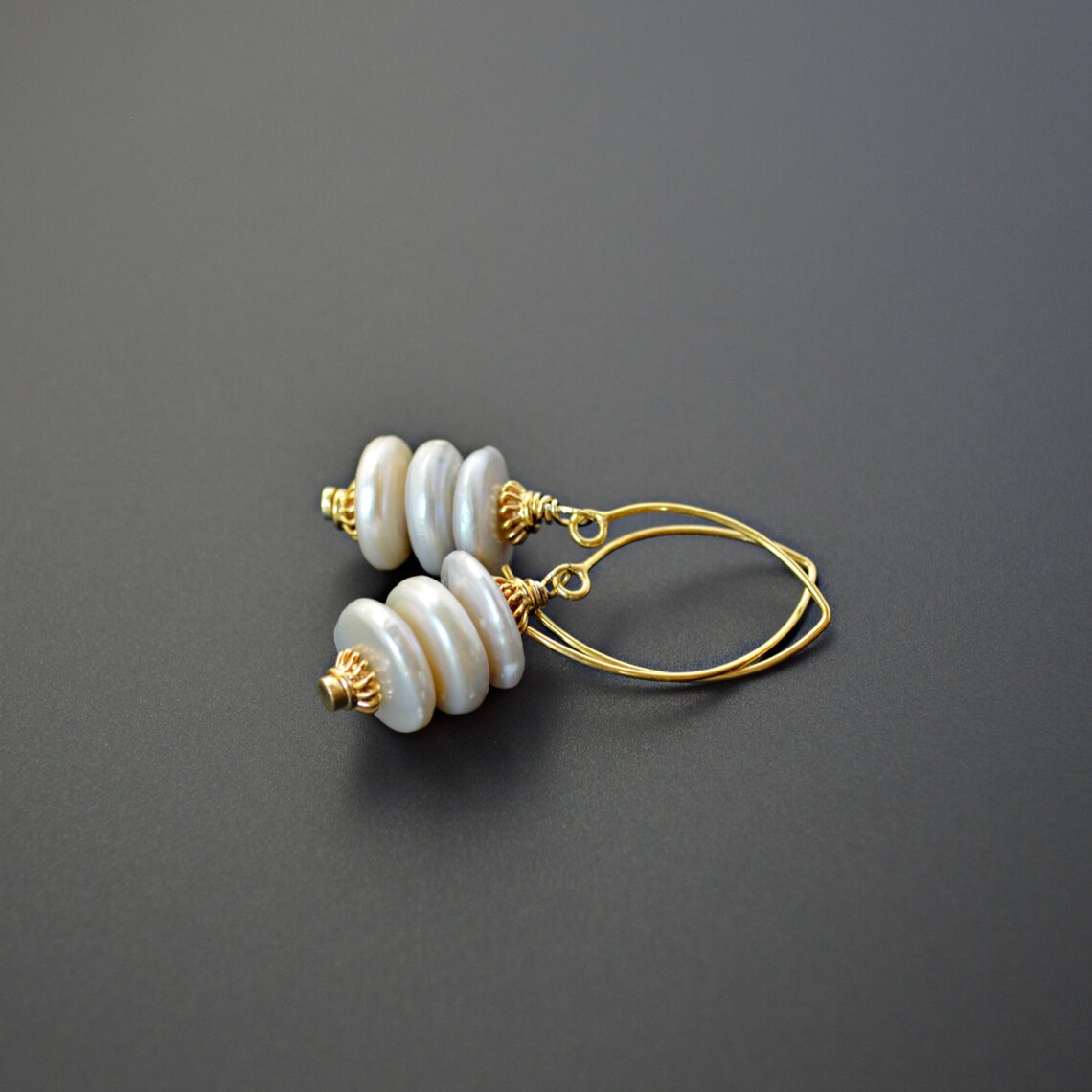 White Coin Pearl Stack Earrings, Pearl & Gold Earrings, Pearl Stack ...