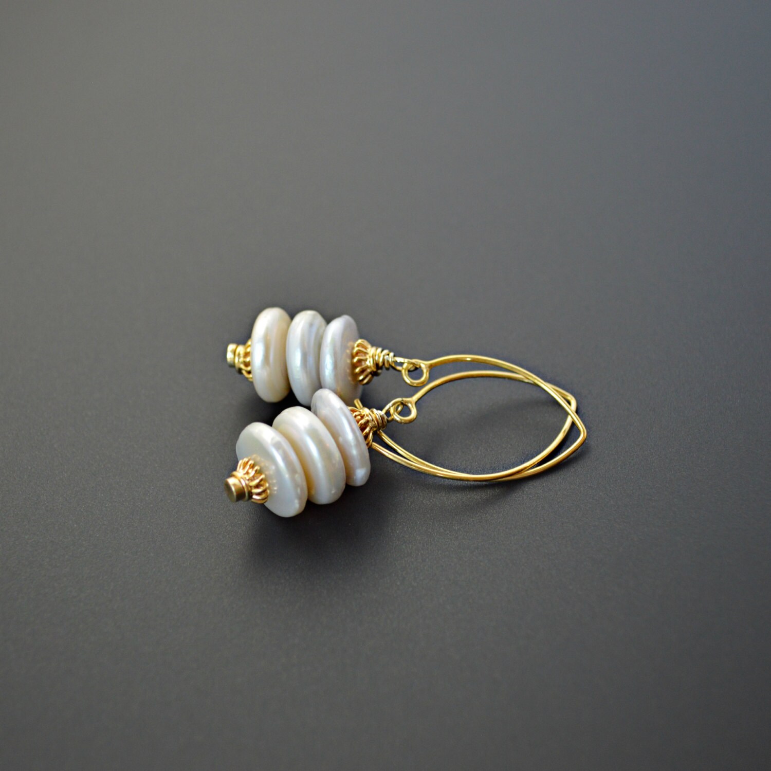 White Coin Pearl Stack Earrings, Pearl & Gold Earrings, Pearl Stack ...