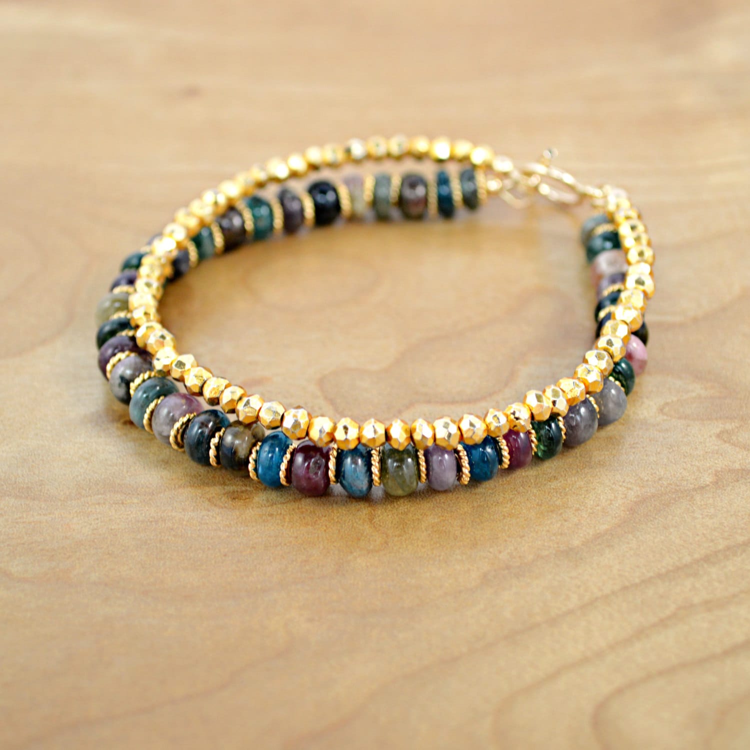 Multi Gem Bracelet, Double Strand Gold Bracelet With Multi Color ...