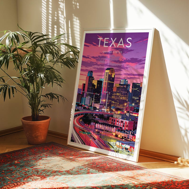 Texas Travel Print - United States Poster, USA Retro Wall Art, Bold ...