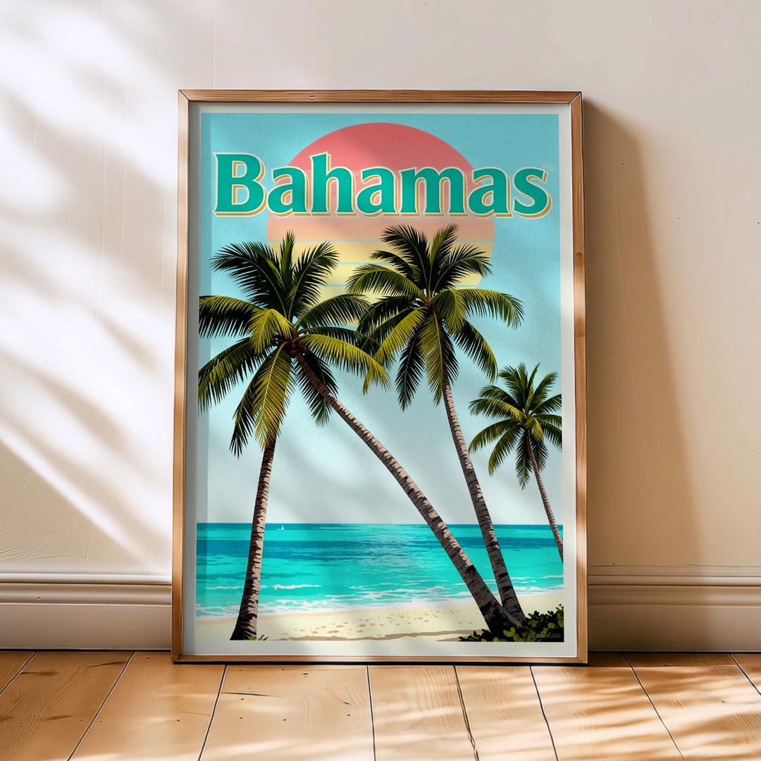Bahamas Beach Print, Bahamas Palm Tree Retro Poster, Bahamas Travel ...