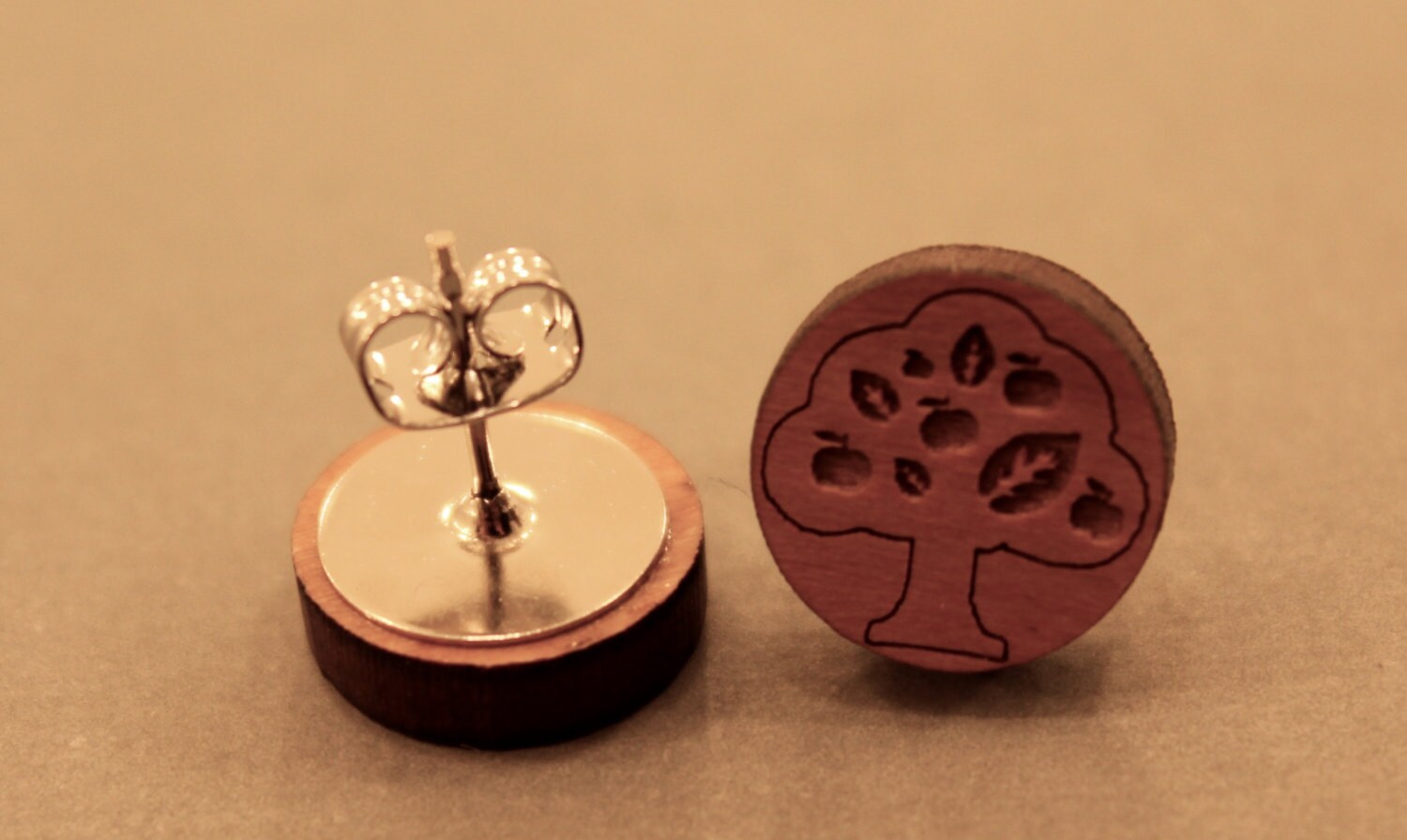 Wooden Tree Studs: Cherry Wood Tree Earrings Fake Plugs Fake - Etsy Canada