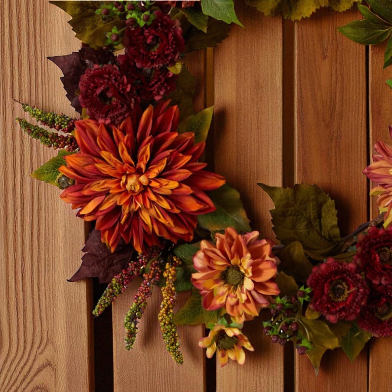 22" Dahlia & Mum Fall Wreath – Autumn Harvest Door Wreath, Rustic ...