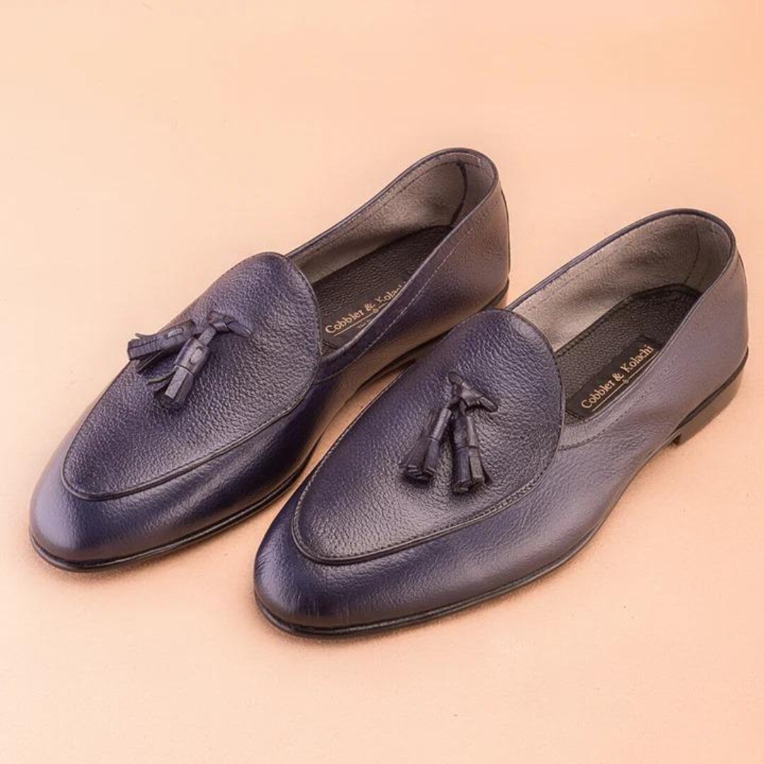 Handmade Navy Blue Leather Tassel Loafers | Elegant Men's Slip-on Dress ...