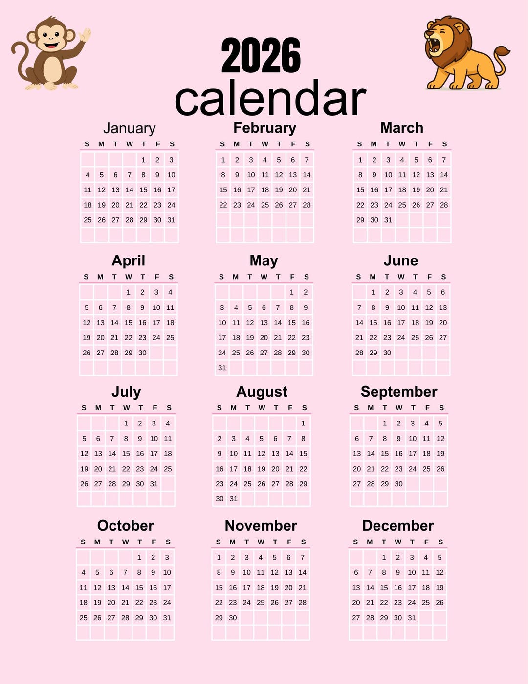 2026 One Page Calendar – US Sunday Start | Cute Animal Kids Calendar ...