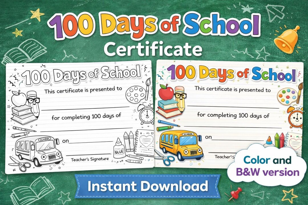 100 Days of School Certificates | Printable Classroom Awards | Black ...