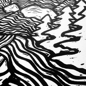 Hand-pulled Linocut Print | Mountain Landscape With Flowers, River, and ...