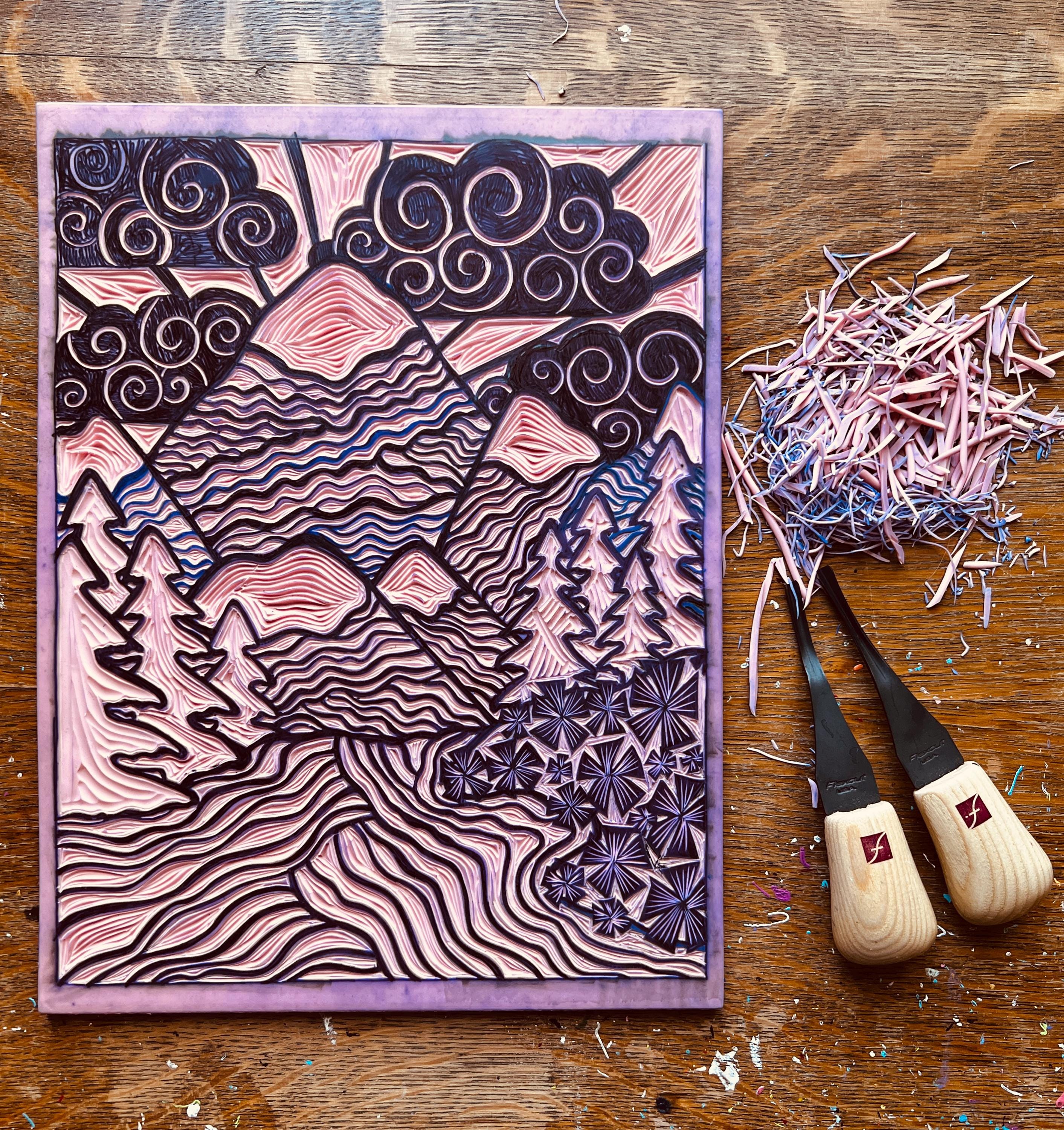 Hand-pulled Linocut Print | Mountain Landscape With Flowers, River, and ...