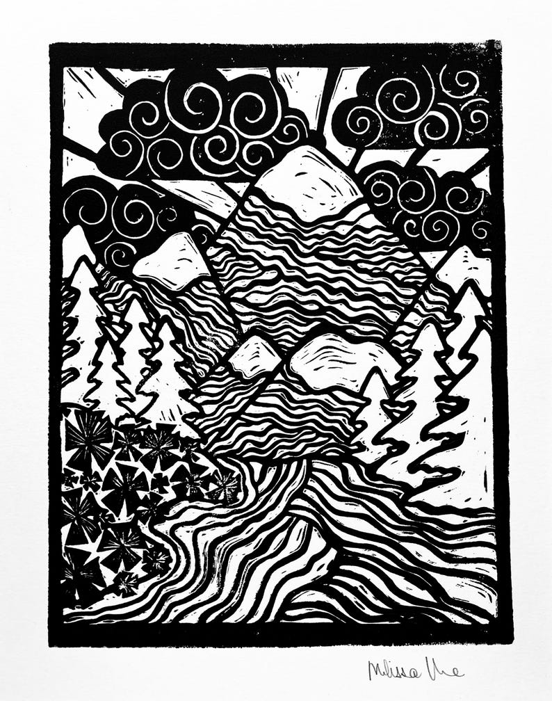 Hand-pulled Linocut Print | Mountain Landscape With Flowers, River, and ...