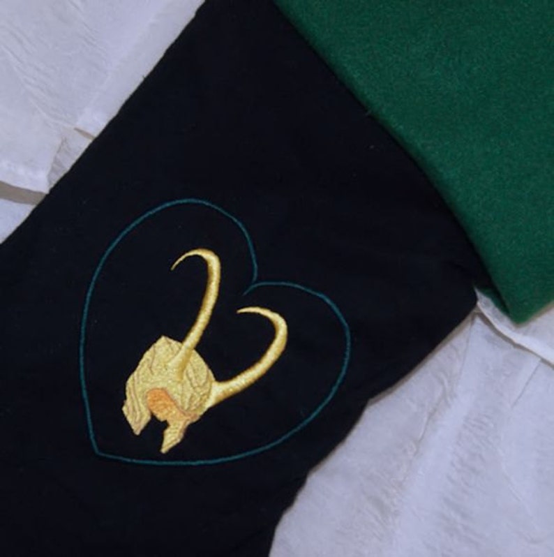 Loki Heart Gold Horned Helmet Embroidered Black Stocking Mtcoffinz ...