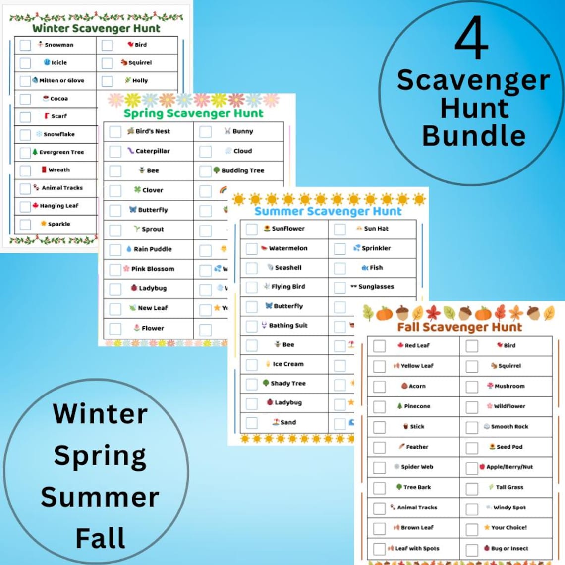 Outdoor Seasonal Scavenger Hunt Bundle for Kids: Spring, Summer, Fall ...