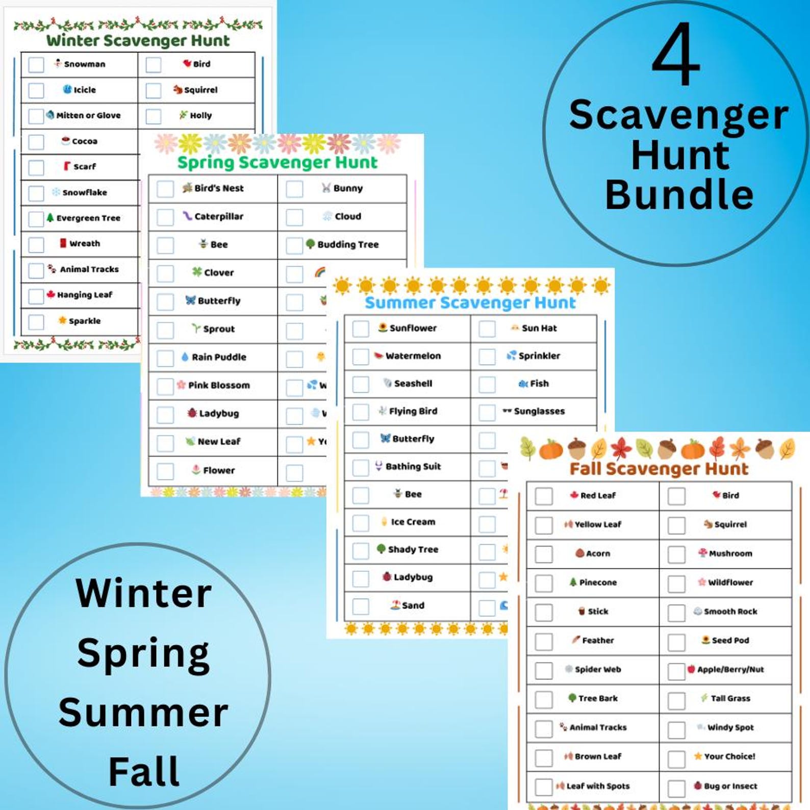Outdoor Seasonal Scavenger Hunt Bundle for Kids: Spring, Summer, Fall ...