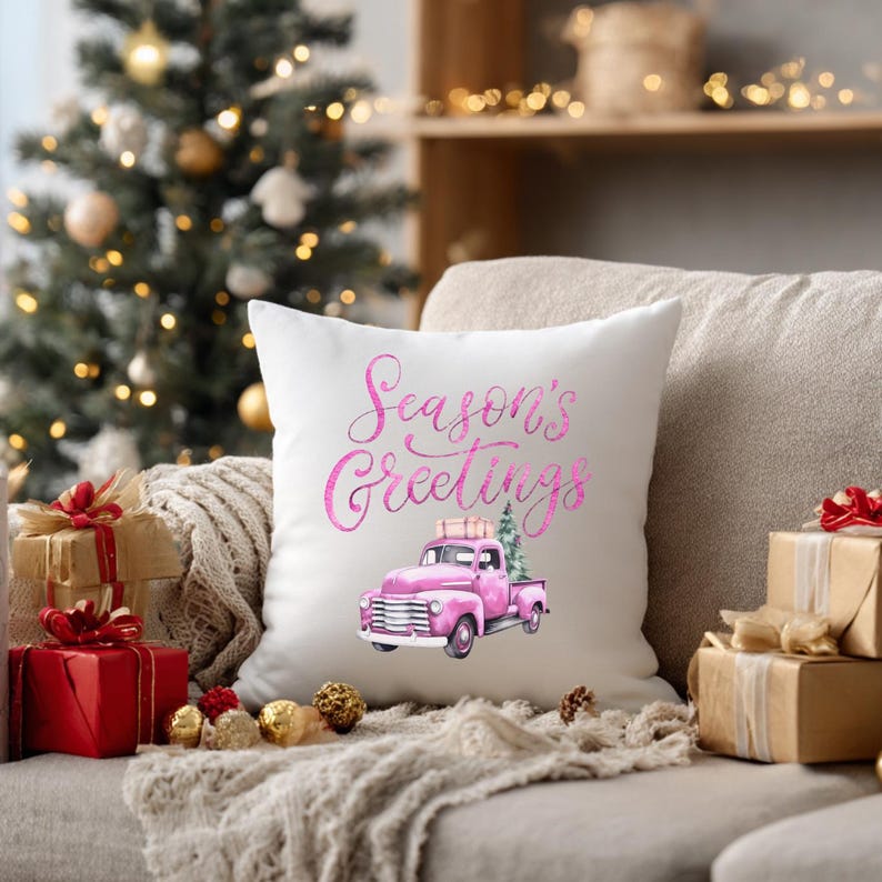 Pink Christmas Pillow, Tree Farm Truck Seasons Greetings Throw Cushion ...