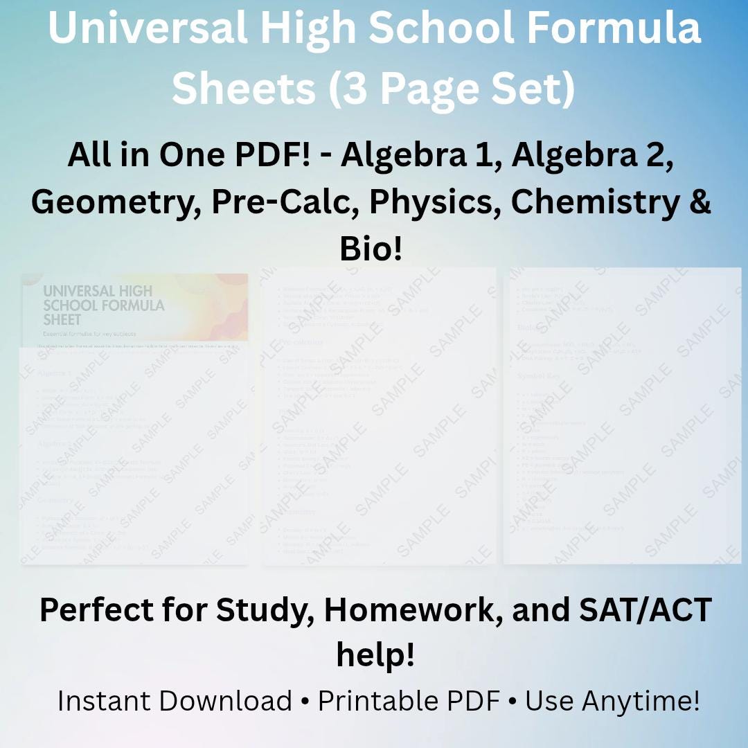 High School Formula Sheet –math, Physics, Chemistry, Biology, SAT&ACT ...