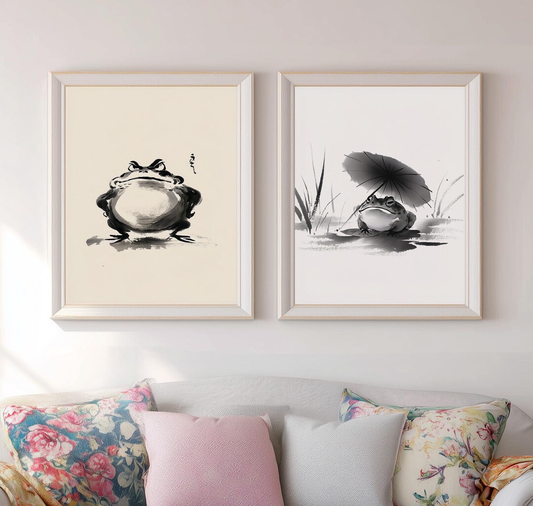 Japanese Frog Sumi-e Prints Set of 2, Zen Calligraphy Style Ink Artwork ...