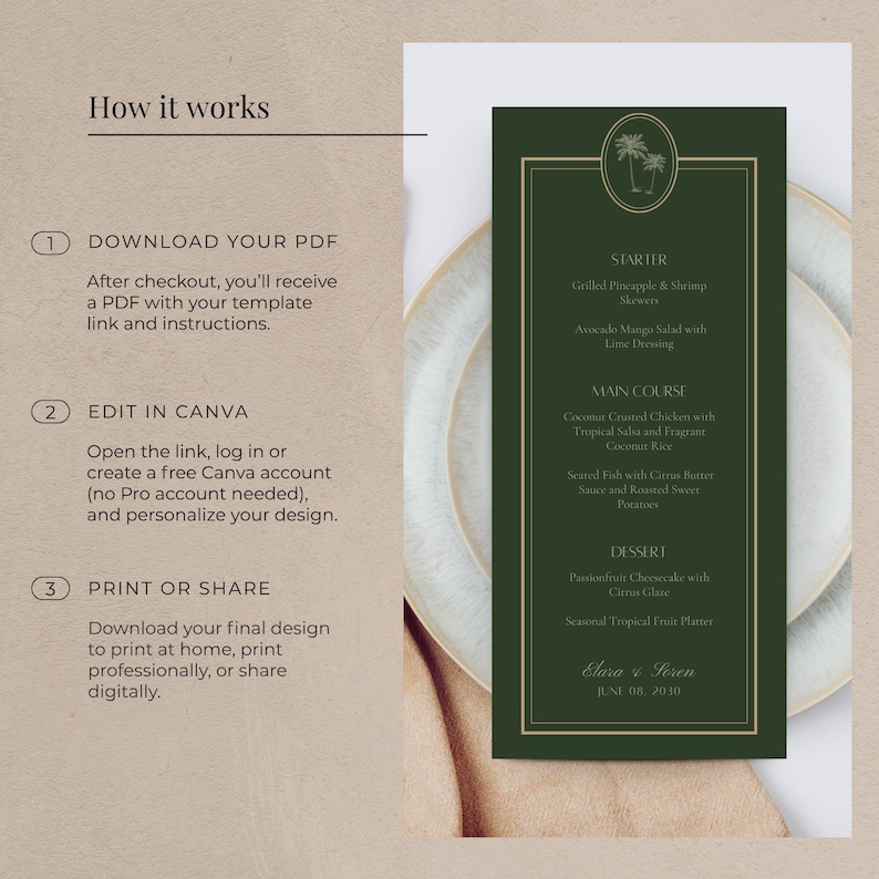 Tropical Wedding Menu Template: Printable Dinner Menu Card, Palm Tree ...