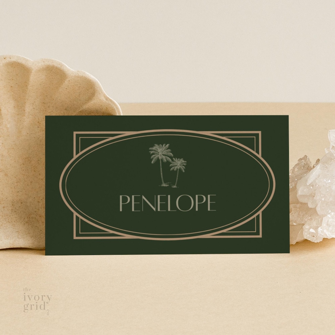 Tropical Place Card Template: Green Palm Tree Wedding Name Tag, Flat ...