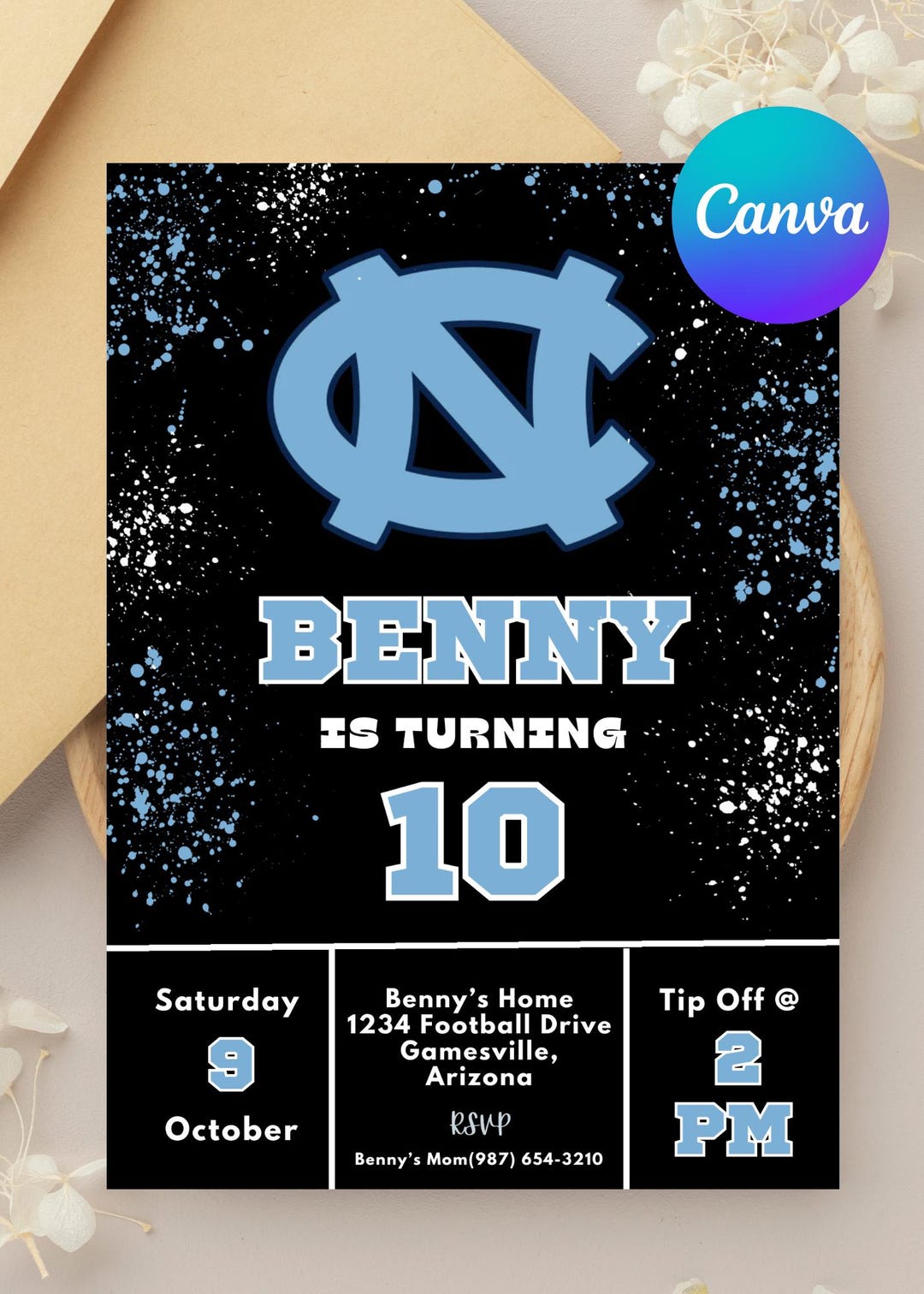 University of North Carolina Birthday Invitation, UNC Football Birthday ...