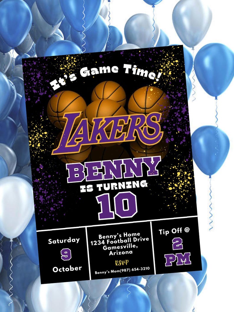 Los Angeles Lakers Birthday Invitation, Basketball Birthday Party ...
