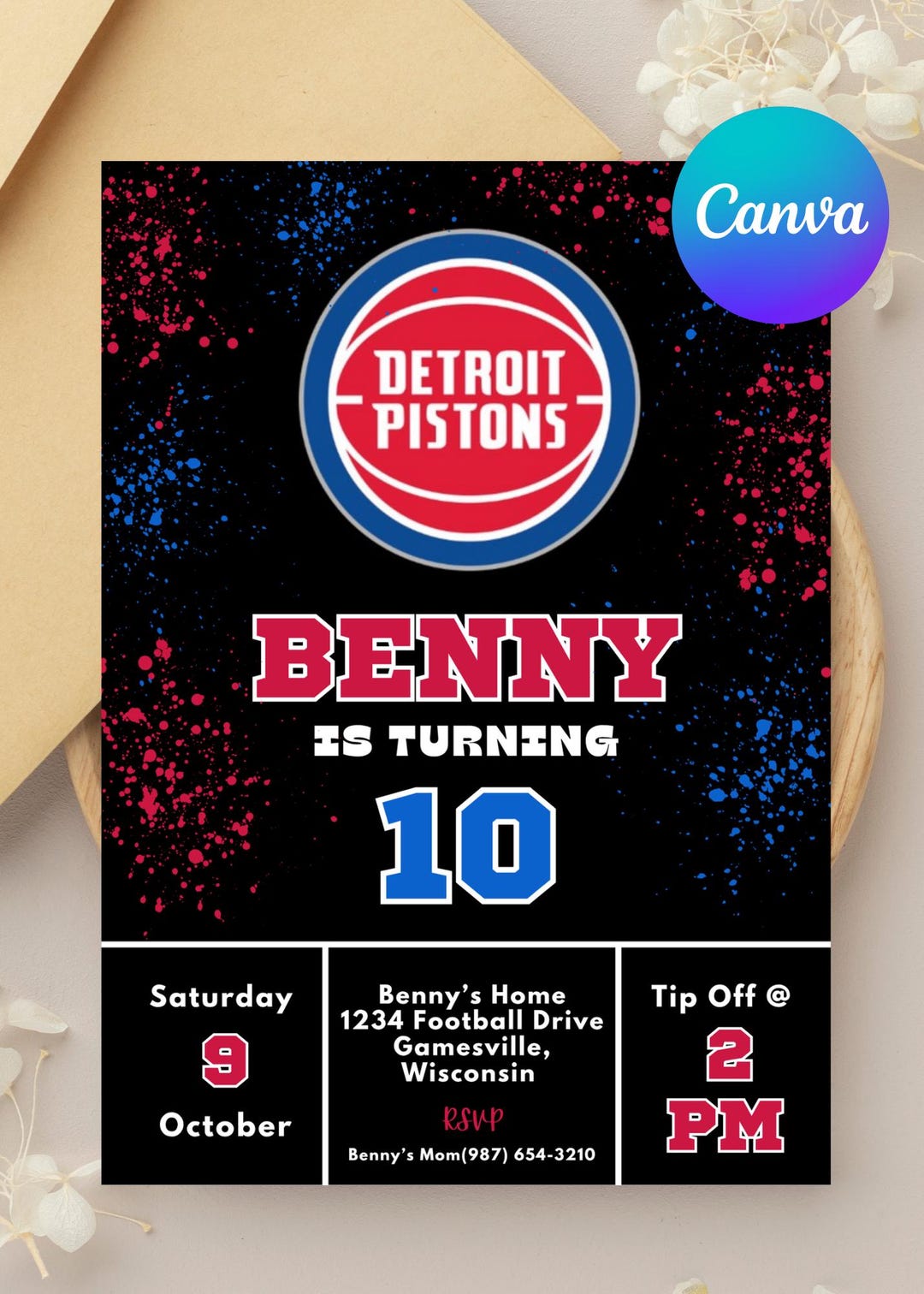 Detroit Pistons Birthday Invitation, Basketball Birthday Party ...