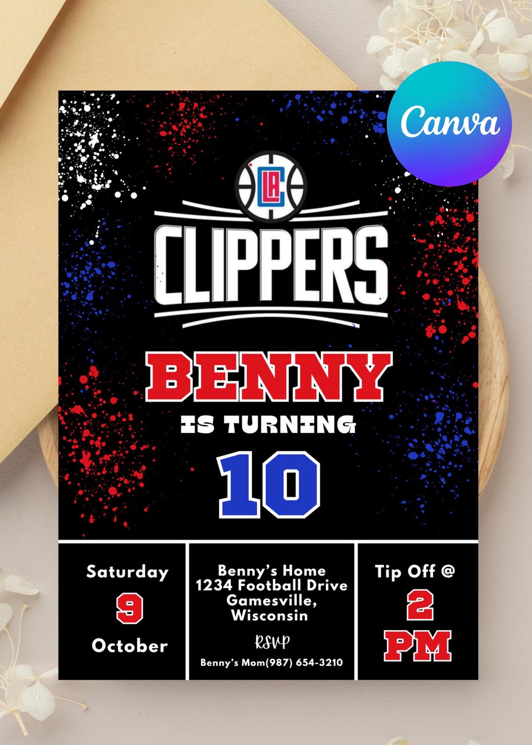 Los Angeles Clippers Birthday Invitation, Basketball Birthday Party ...