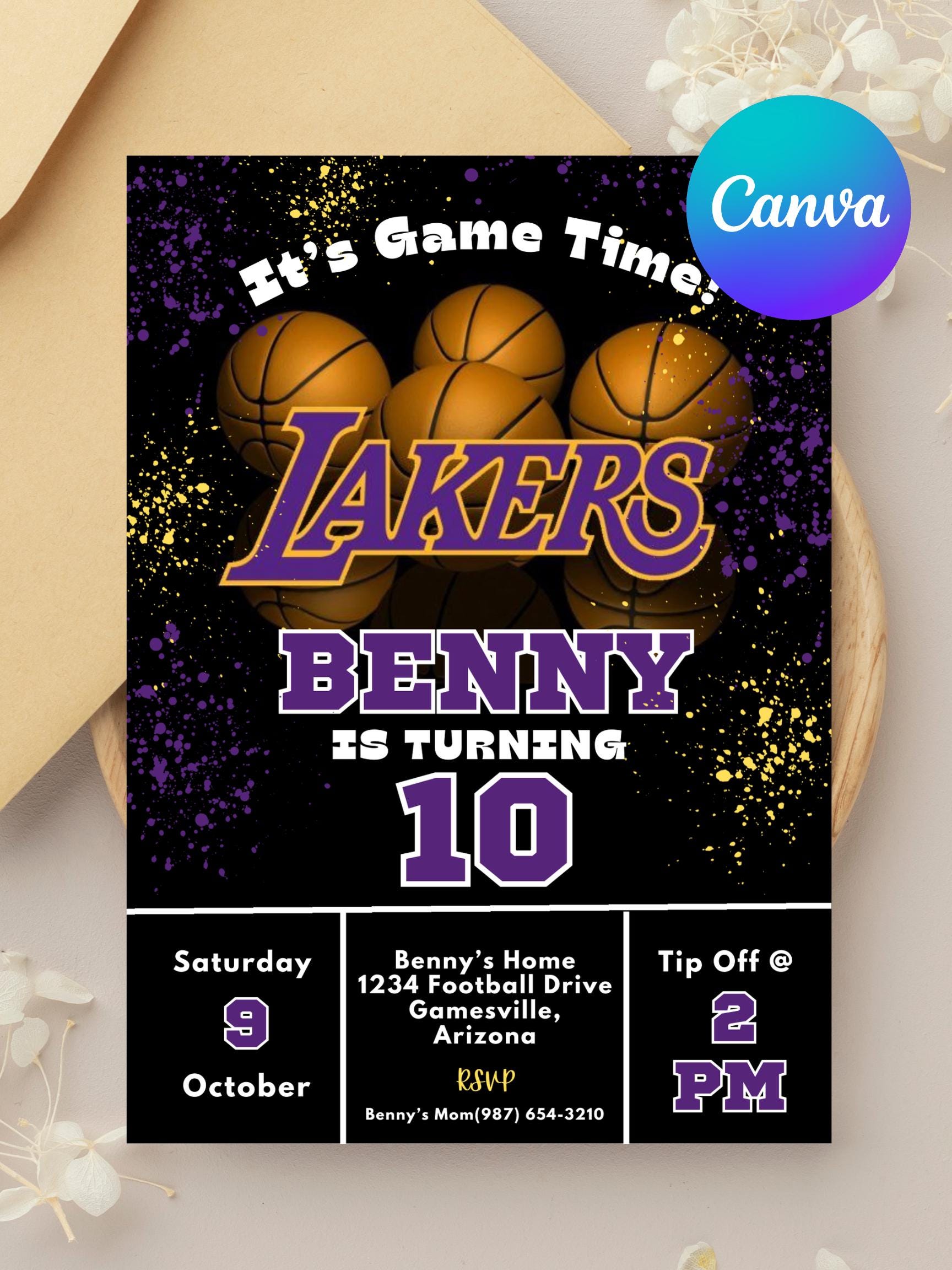 Los Angeles Lakers Birthday Invitation, Basketball Birthday Party ...