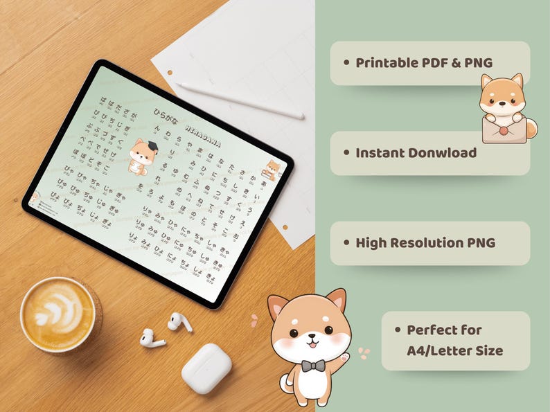 Hiragana Chart for Beginners | Cute Japanese Alphabet Poster | Kawaii ...