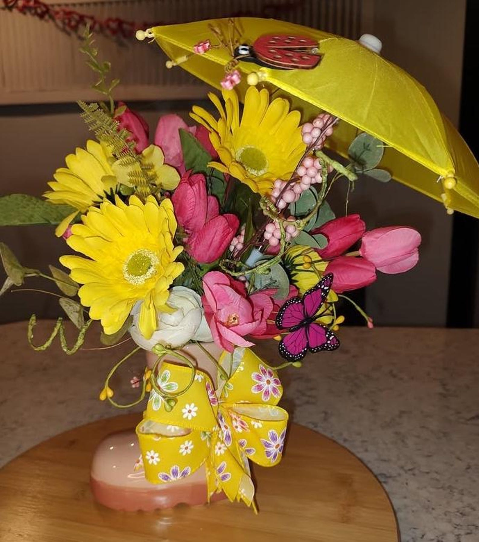 April Showers Rainboot Floral Arrangement Centerpiece Umbrella Daisy - Etsy