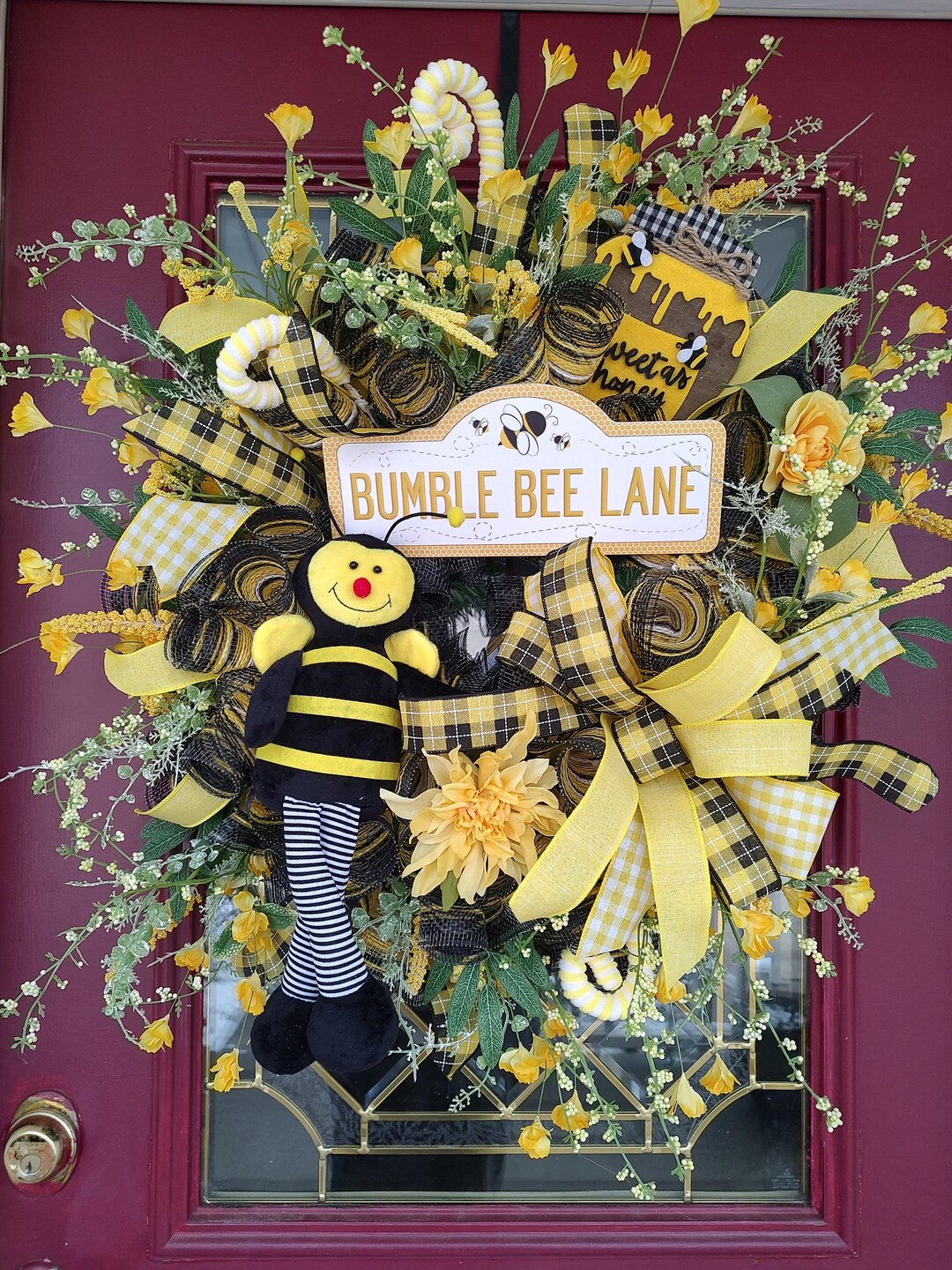 Bumble Bee Lane Buzzing Honey Pot Wildflower XL Wreath Summer Spring ...