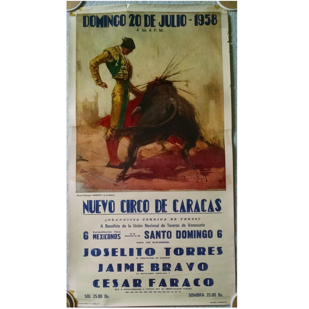 1958 Nuevo Circo De Caracas Bullfighting Poster – Manolete / Jaime ...