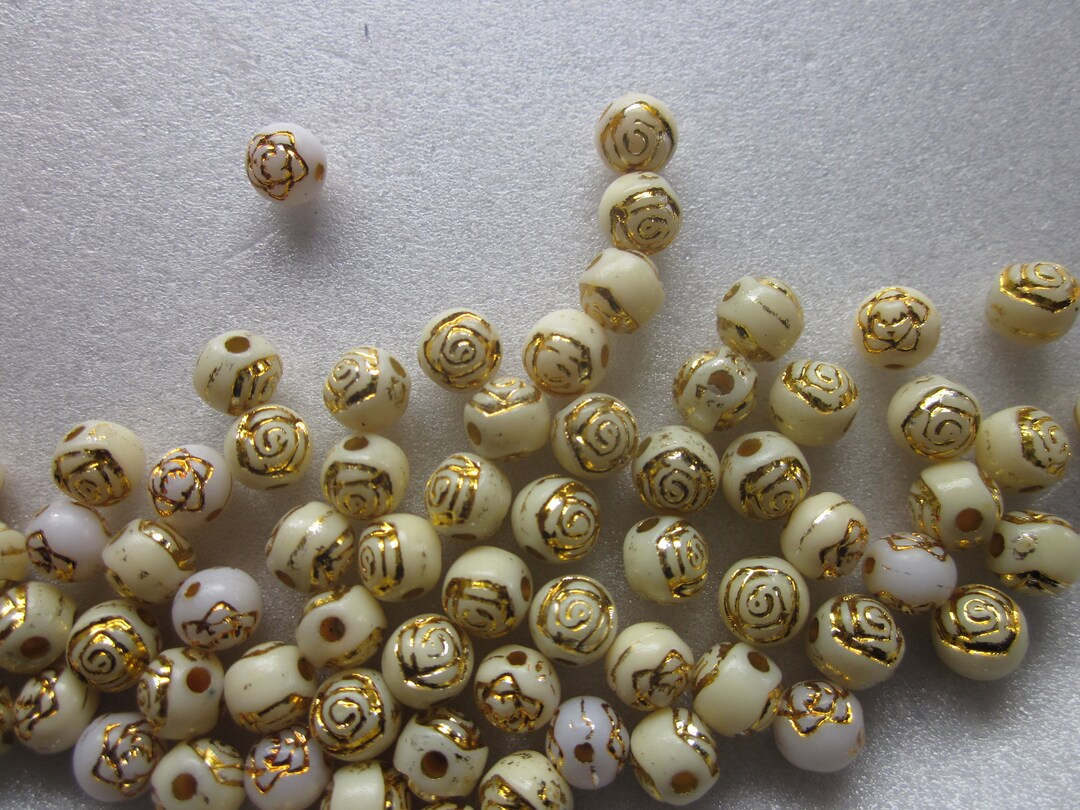 Ivory and Gold Round Flower Acrylic Beads 6mm 24 Beads - Etsy