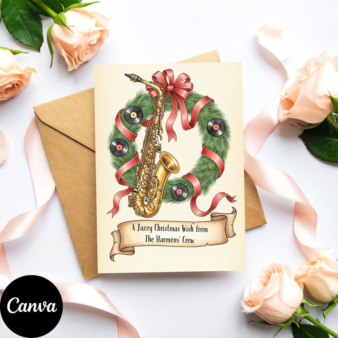 Jazzy Wreath Christmas Card | Editable Canva Holiday Template | Music ...