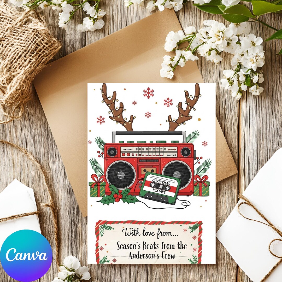 Retro Boombox Christmas Card | Editable Mixtape Holiday Greeting (canva ...