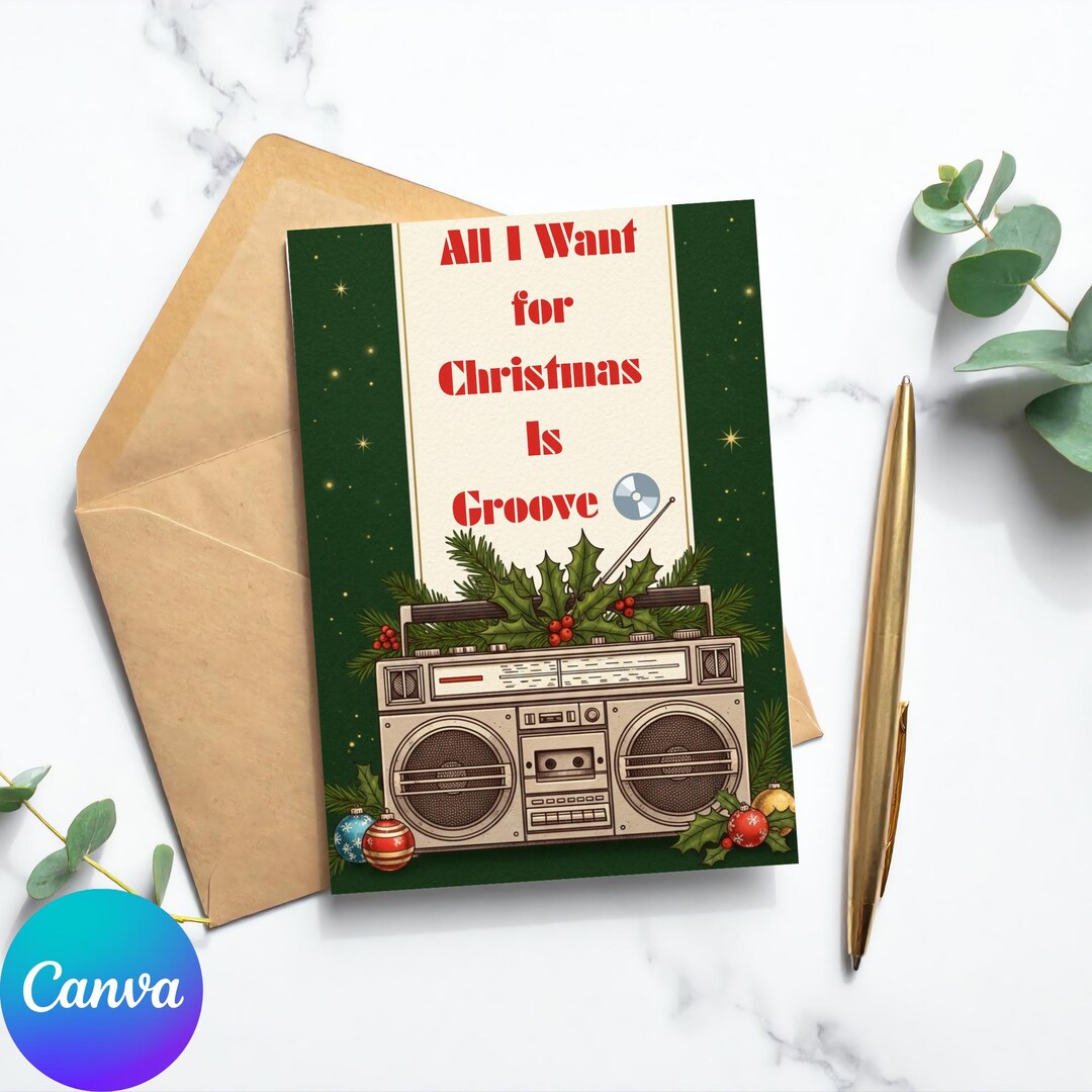 Boombox Christmas Card | Retro Music Holiday Greeting (canva Editable ...