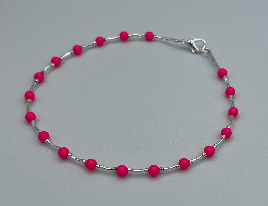 Pink Anklet, Bright Pink Anklet, Neon Pink Anklet, Pink Pearl Anklet ...