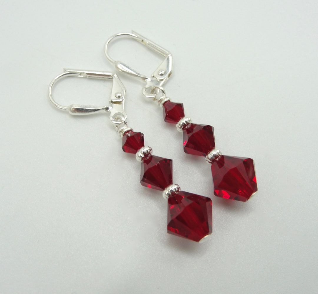 Red Swarovski Crystal Dangle Earrings, Red Crystal Lever Back Earrings ...