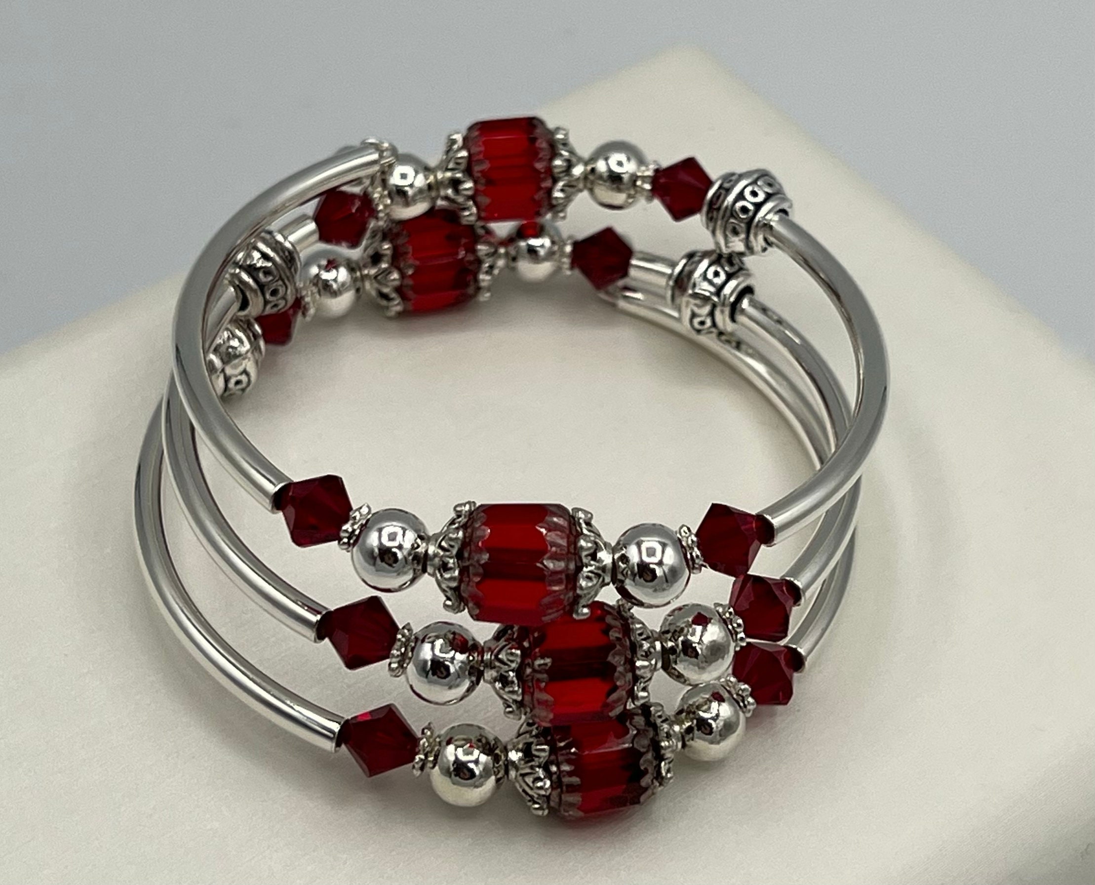 Red Wrap Bracelet, Red and Silver Bracelet, Red Crystal Bracelet, Red ...
