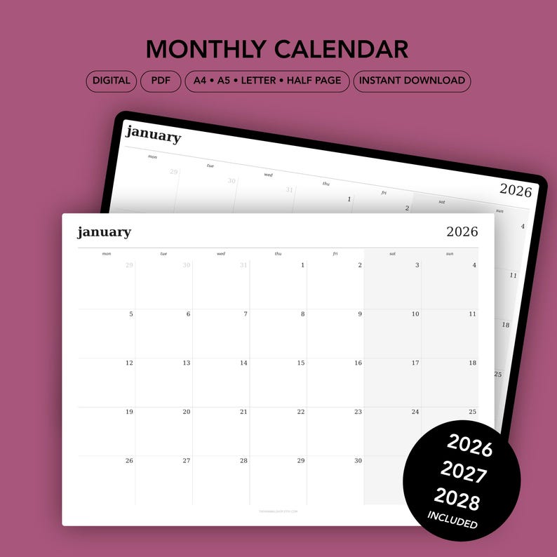 Minimalist Monthly Calendar 2026-2028, Printable PDF Planner (digital ...