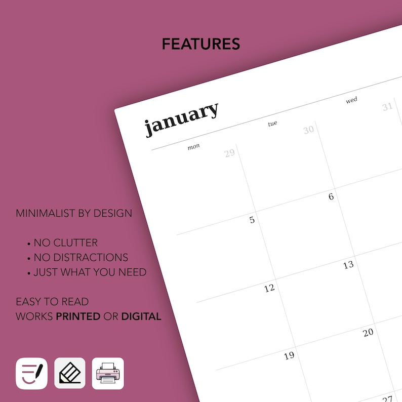 Minimalist Monthly Calendar 2026-2028, Printable PDF Planner (digital ...