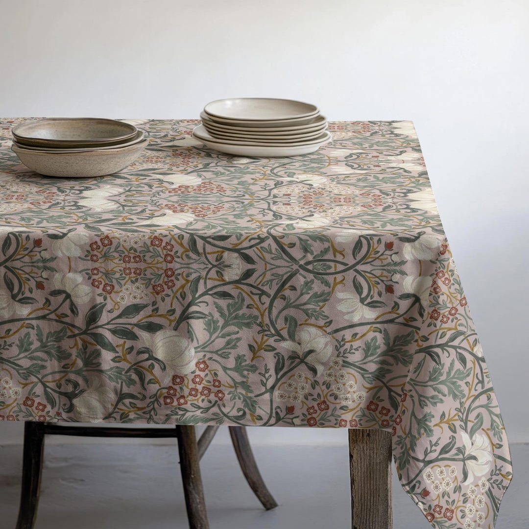 Beige Green Red Botanical Tablecloth – William Morris Inspired Floral ...