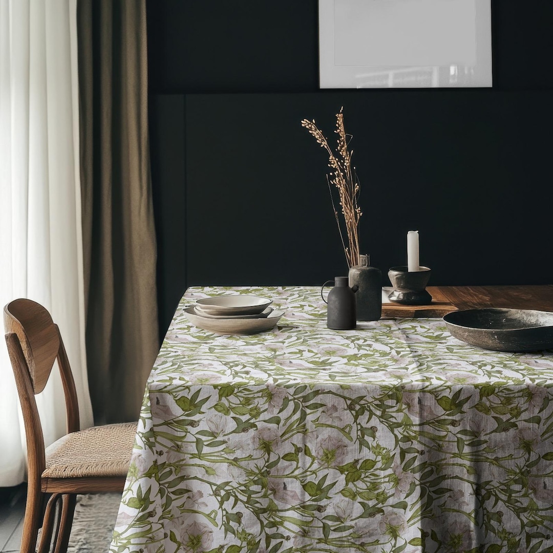 Toalha de mesa botânica verde e rosa – Estampa floral suave, capa ...